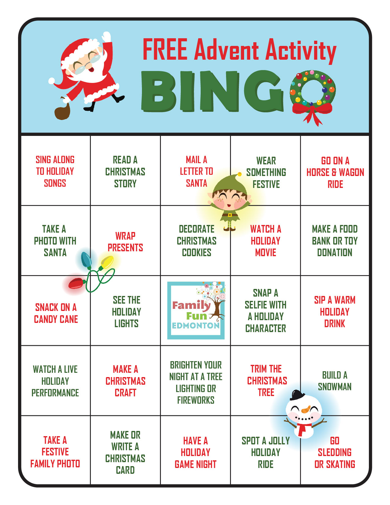 Advent BINGO! 24 Days of FREE Holiday Fun in Edmonton | Family Fun Edmonton